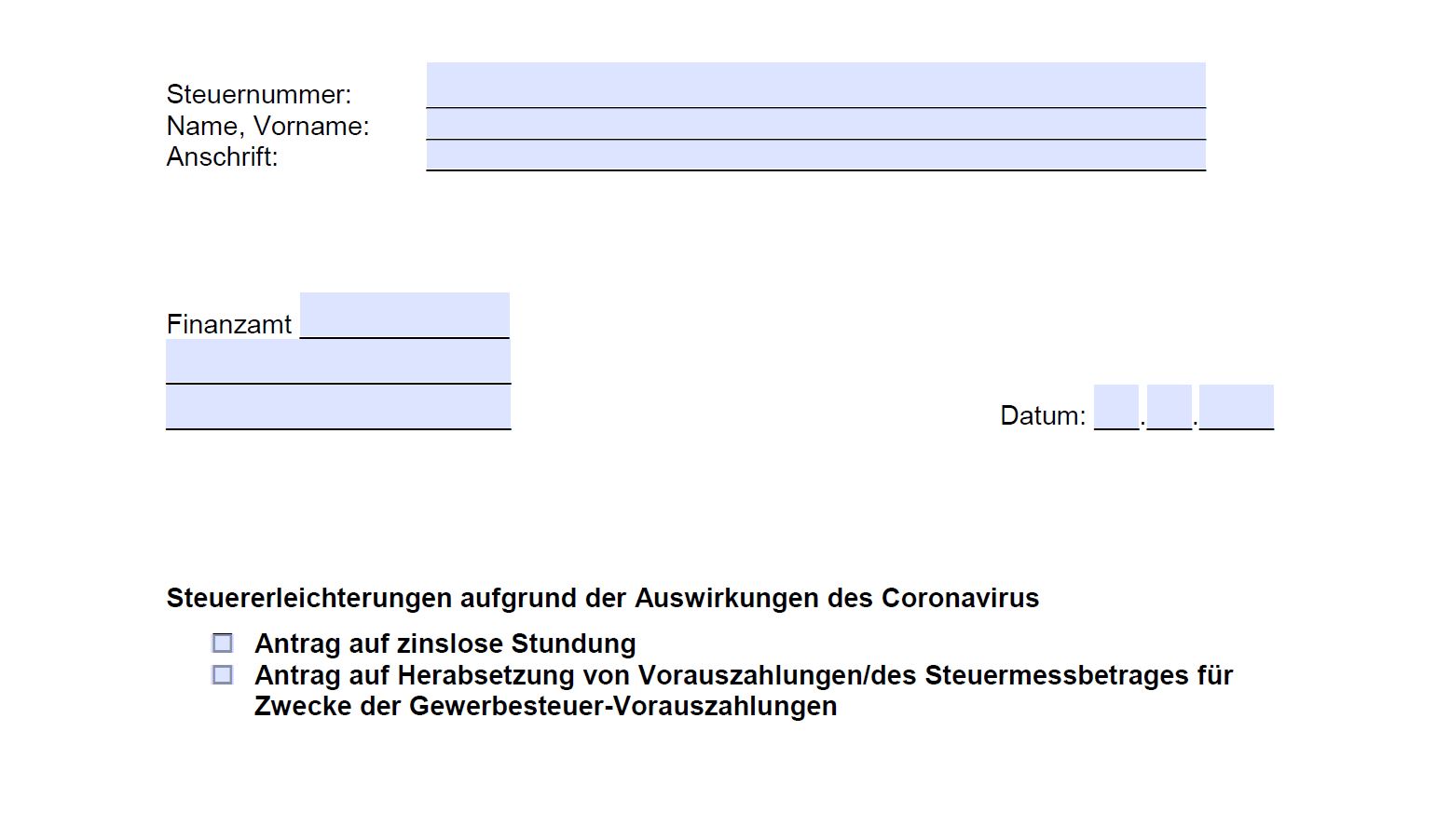 Formular zur Beantragung von Steuererleichterungen während Corona Formular zur Beantragung von Steuererleichterungen während Corona